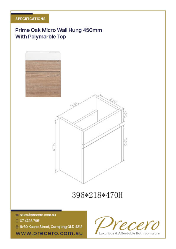 Prime Oak Micro Wall Hung 450mm With Polymarble Top | Precero