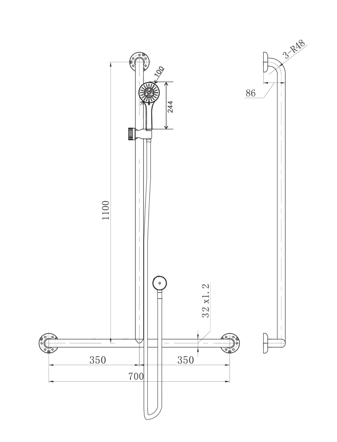 T Shaped Grab Rail Shower Set (Left/Right/Centre) | Precero